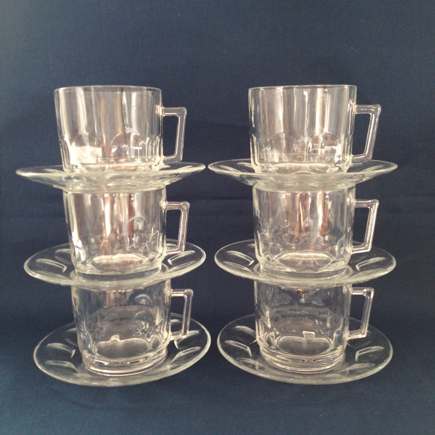 Pretty Vintage French Arcoroc Clear Glass Cups & Saucers with Arch ...