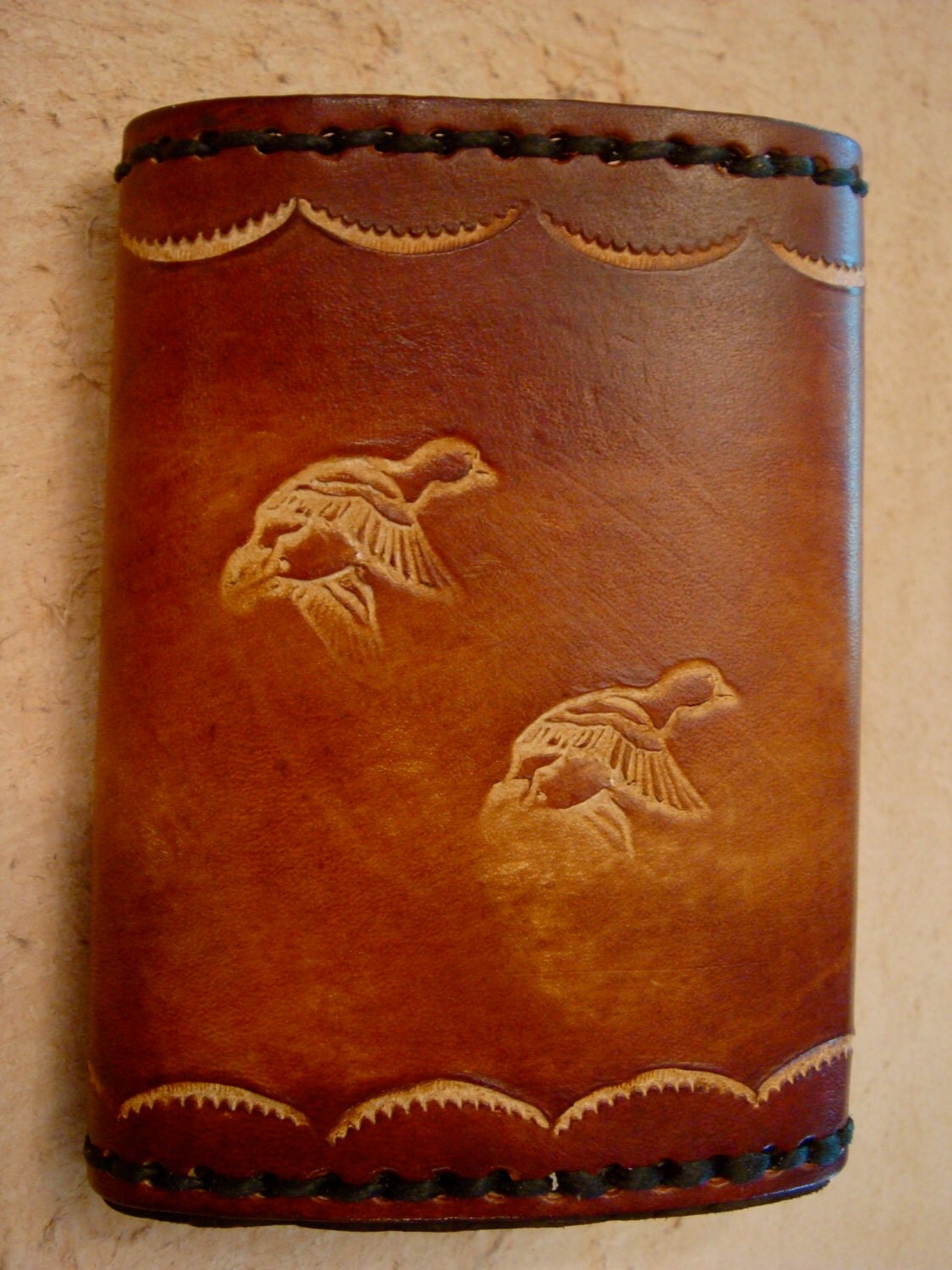 Tooled Brown Leather Trifold Wallet Duck Fowl Pattern