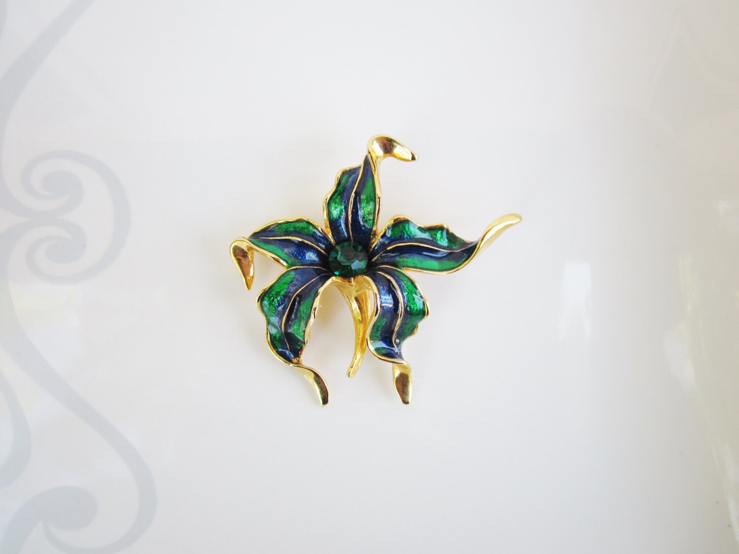 Enamel Lily Brooch, Green and Blue Enamel with Rhinestone Flower Brooch ...