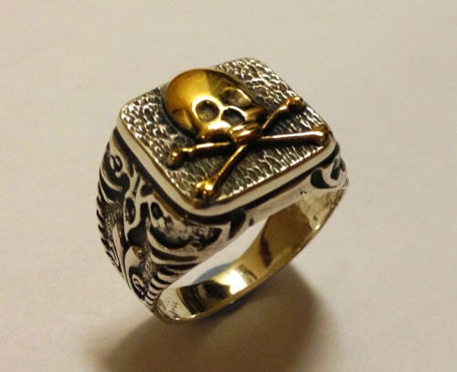 Mens Silver 925 Skull Ring 24K Gold Plated / Masonic / Biker