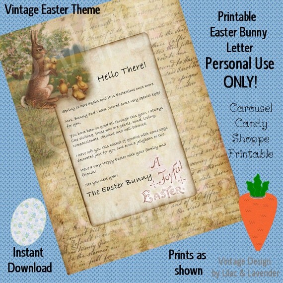 Easter Bunny Letter Vintage Theme Instant Download Print at