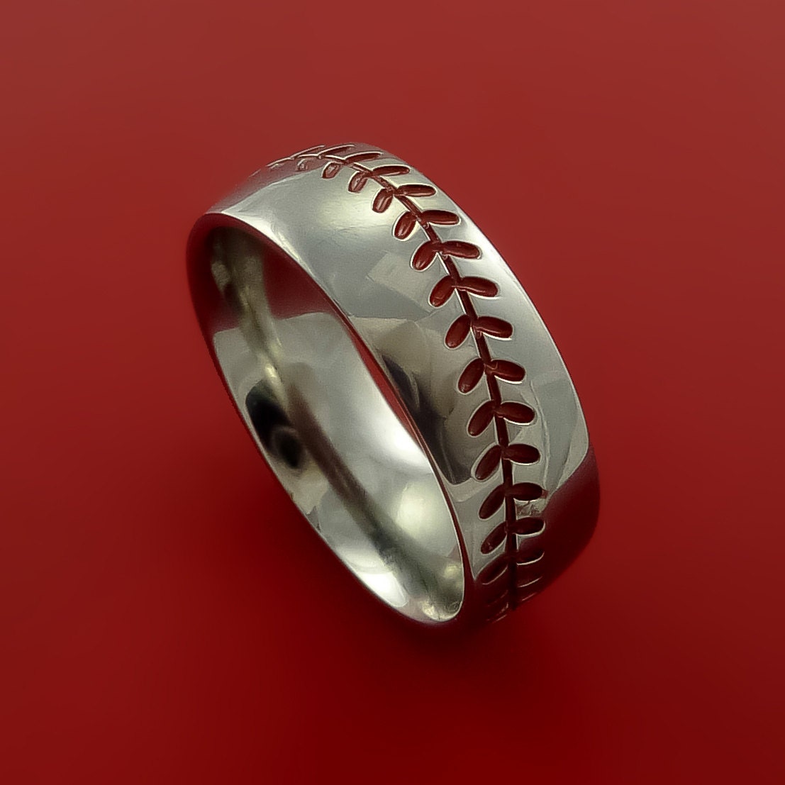 Titanium Baseball Ring with Red Stitching Fan Band Any Size