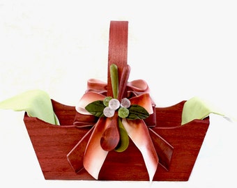Small Wooden Basket Decorated with Flowers and Linen