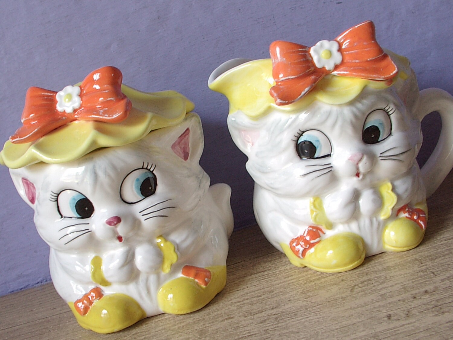 Vintage Lefton Cuddles white cat creamer and sugar bowl with lid set ...