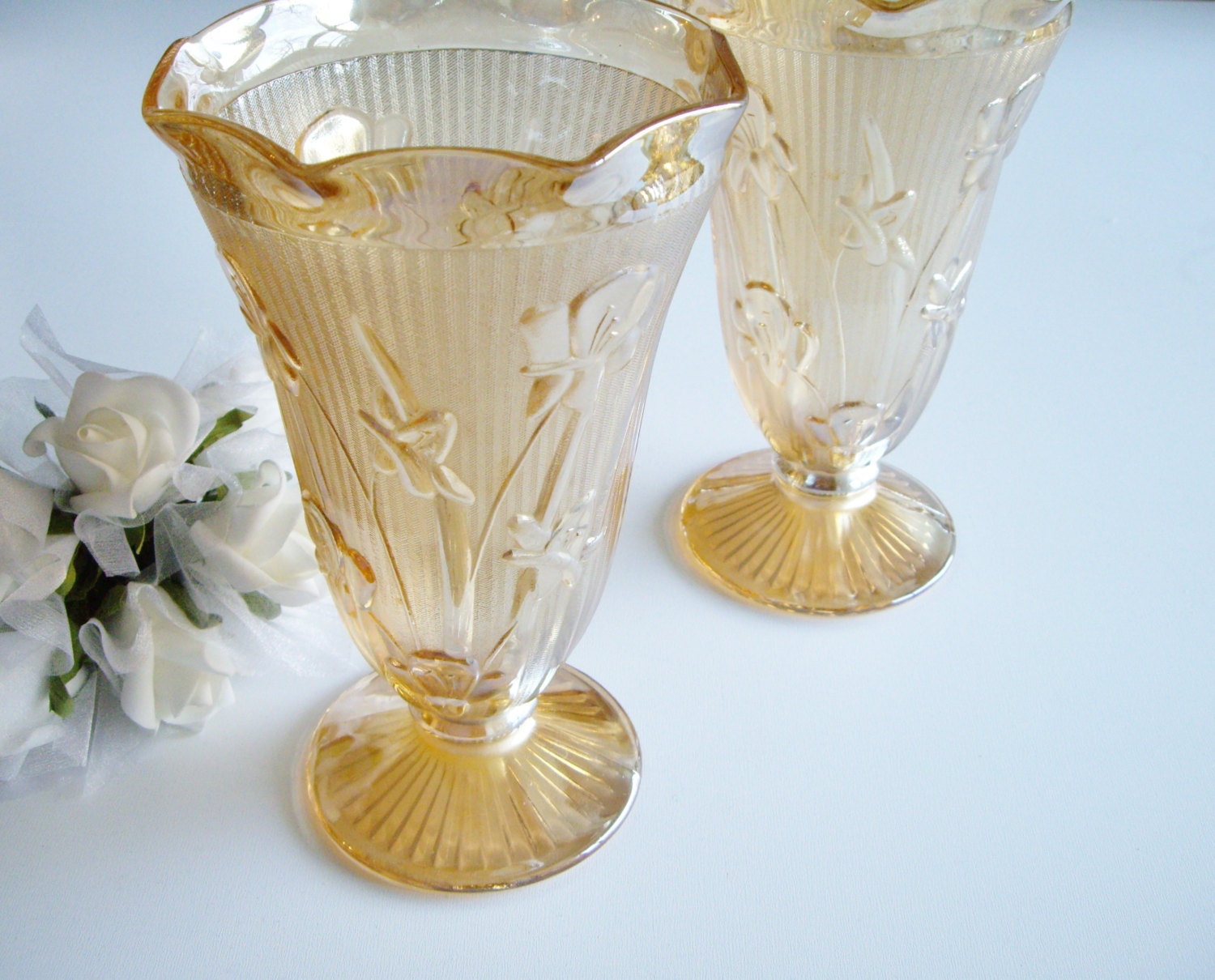 Vintage Glass Vase Set Iridescent Jeanette Iris Pattern