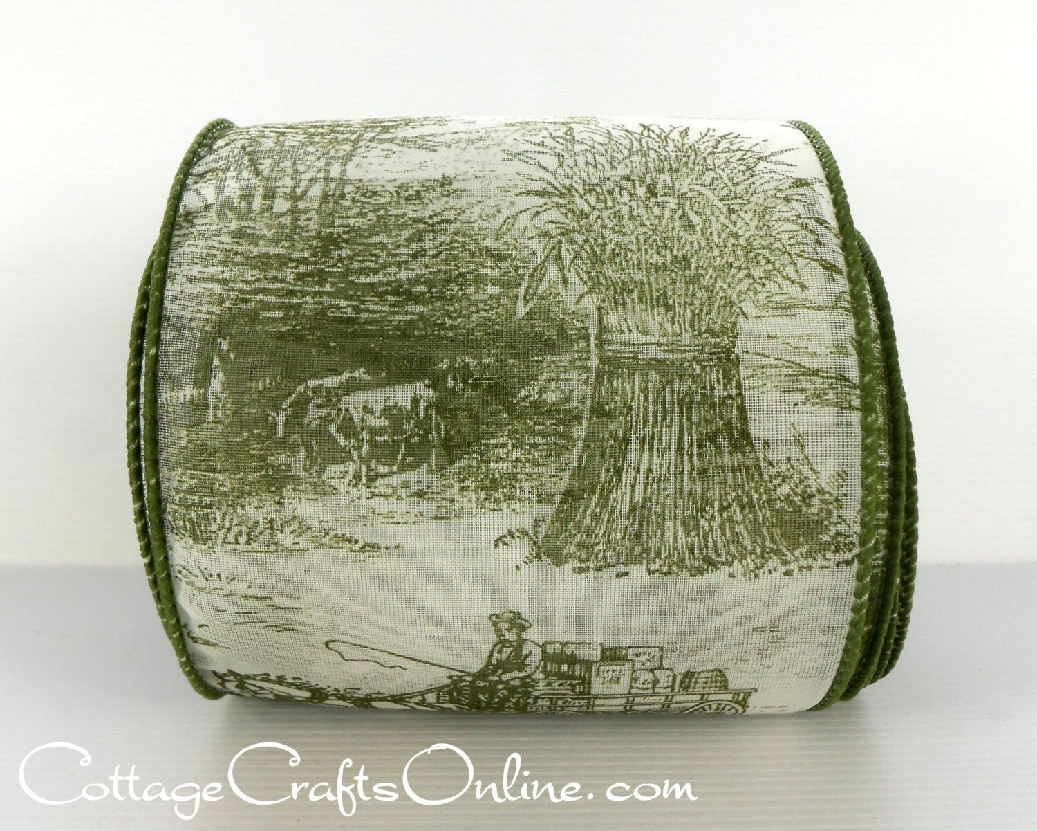 Wired Ribbon 4 wide Green Toile Semi Sheer by CottageCraftsOnline