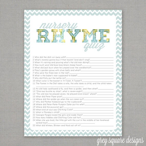 Nursery Rhyme Quiz Baby Shower Game Blue Map Chevron
