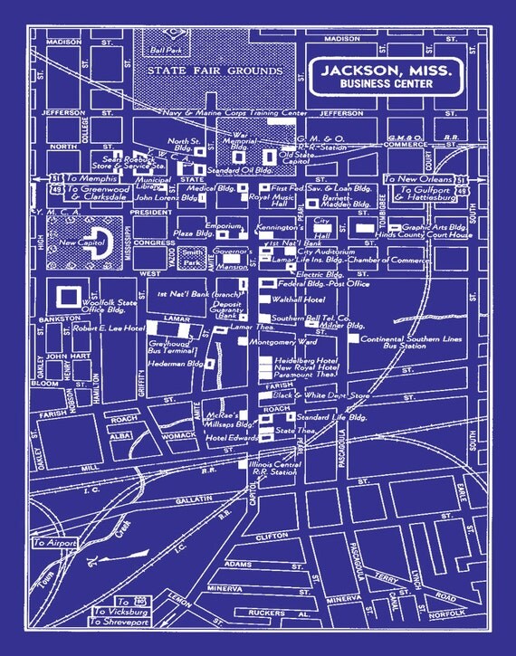 1949 Vintage Map of Jackson Mississippi Blueprint Map Print