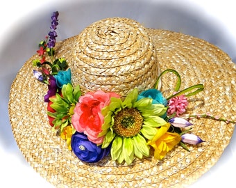 SUMMER SALE !! Straw Hat Bright Floral Garden Party Hats