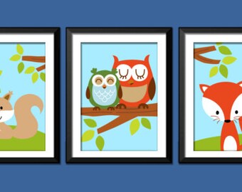 Forest animals fox, squirrel, owls baby wall art, 3 8x10, Kids Decor ...