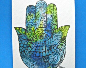 Watercolor card, (No. 169), Zentangle Hamsa Hand, Hamsa Hand, Hamsa ...