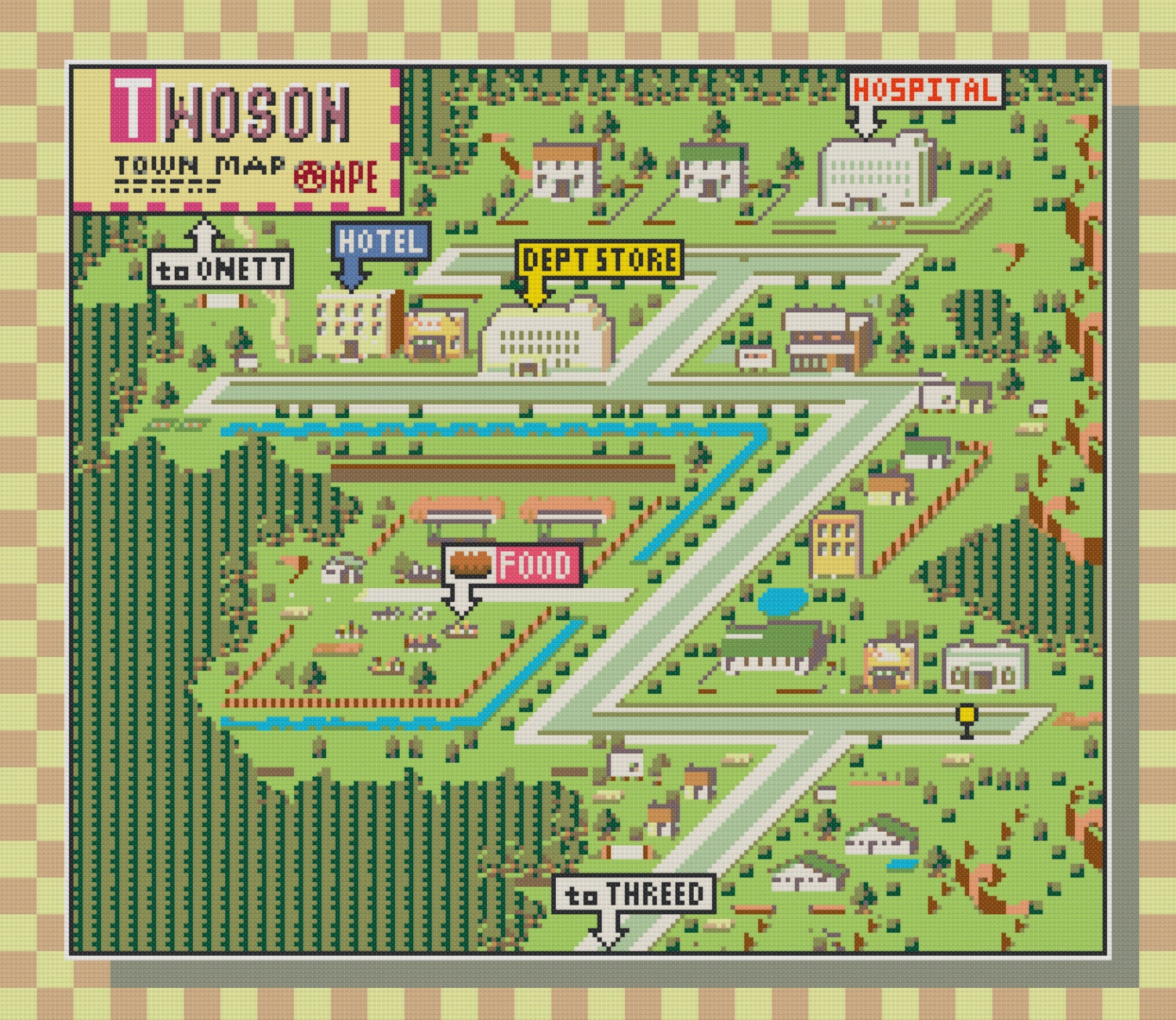 Earthbound/Mother 2 Twoson Town Map Cross Stitch Pattern