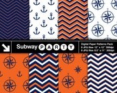 Items similar to Nautical Orange, Navy Blue and White Digital Papers ...