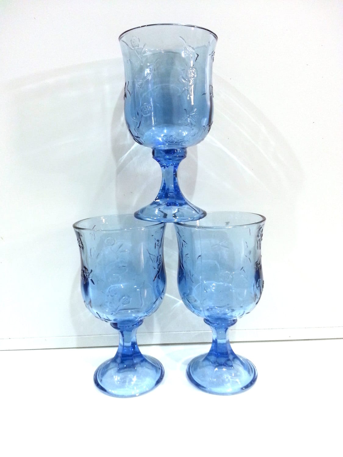 Set of 4 Large Blue Raised Flower Design Water Wine Goblets, Vintage ...