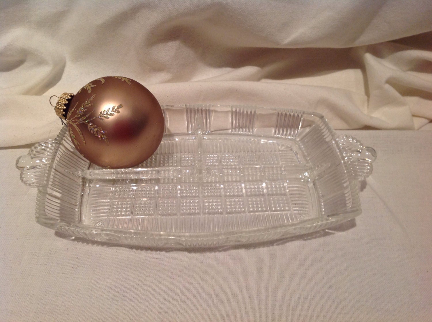 Vintage rectangular glass relish tray with fan shaped handles, three ...