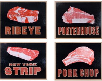 Set of Four Meat Butchery Diagrams Pig Cow Lamb Chicken