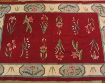 Red Wool Rug with Flowers /// Floral Rug /// Wool Wall Hanging