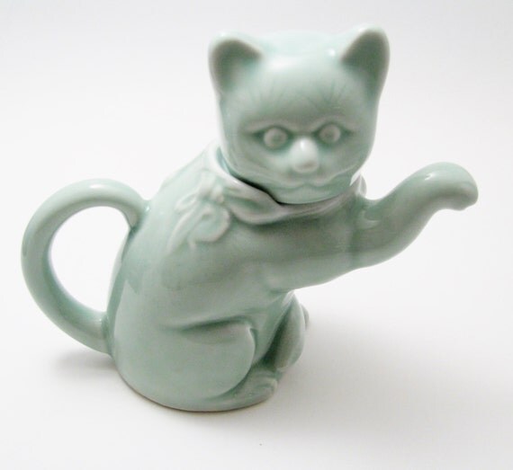 Items similar to CAT Pitcher, Creamer, Tea Pot, GREEN Ceramic on Etsy