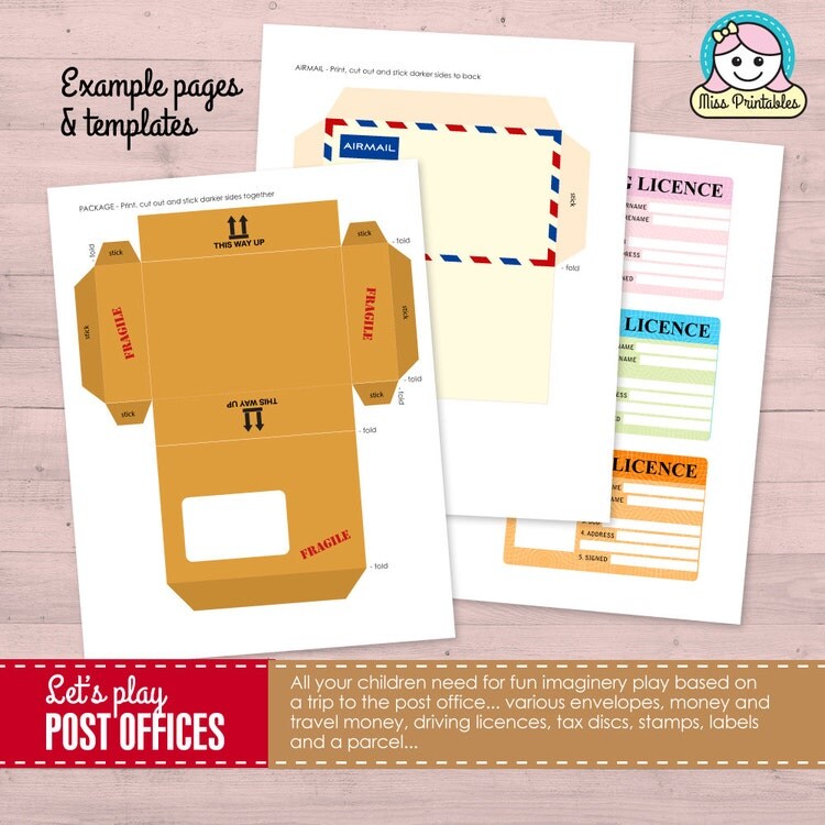 Printable post office set for children's pretend by MissPrintables