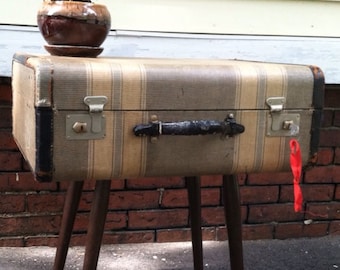 Repurposed vintage suitcase side table with wood midcentury legs ...