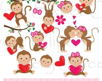 Valentine love monkeys clipart digital illustration