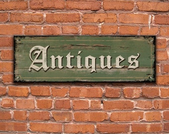 Wooden green "Antiques" sign. Handmade. Approx. 24"x8"x3/4"