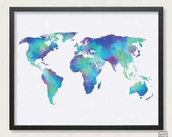 Save 10% Watercolor Map of the World in Blue in sizes up to 24x36 ...