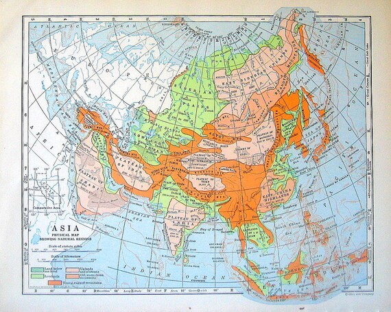 1920 Map of Asia Physical Map Showing Natural Regions