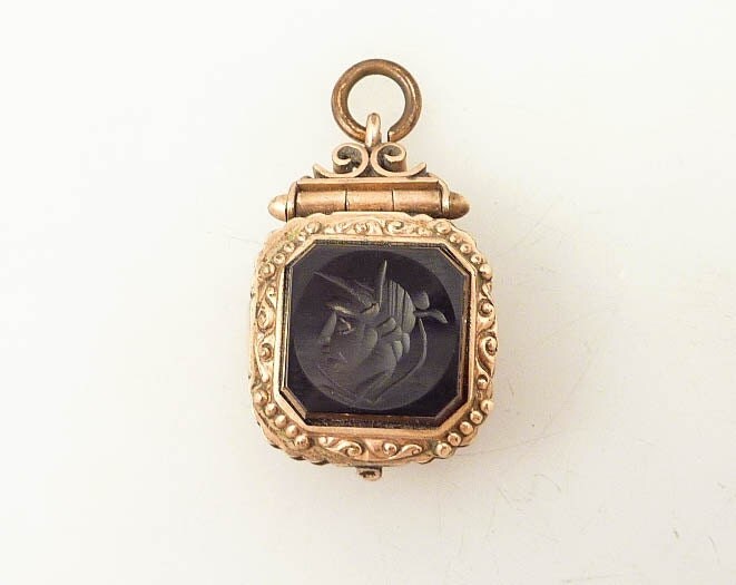 Antique Victorian Gold Filled Locket Flip Fob with Onyx