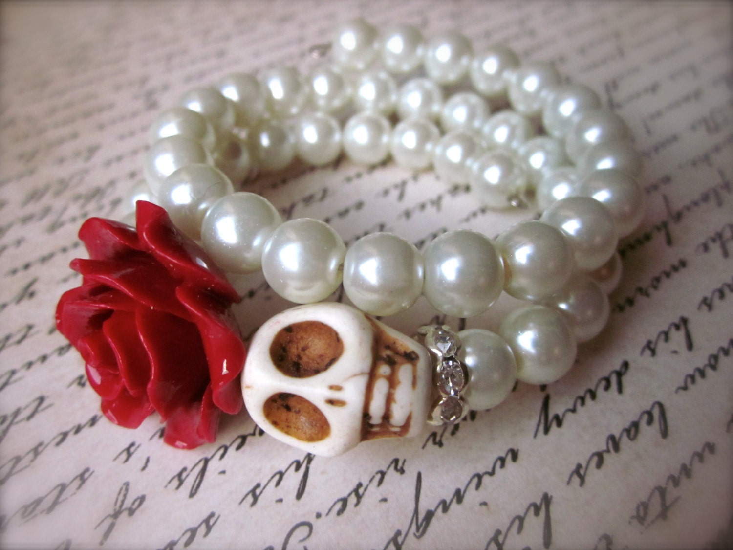 Diamond and Pearls With Scarlet Red Rose Dia by SugarSkullsJewelry