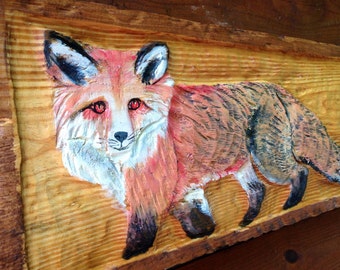 Red Fox Framed Carving 30" primitive wildlife chainsaw wood relief ...