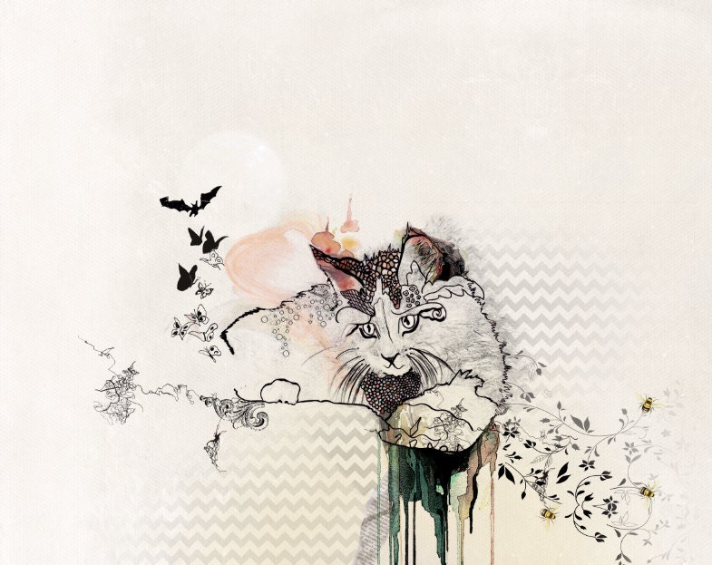 Cat Art Print Pen and ink Art Cat illustration Collage Art