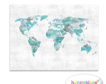 Large Grey World Map Wall Art Poster with lovely printed