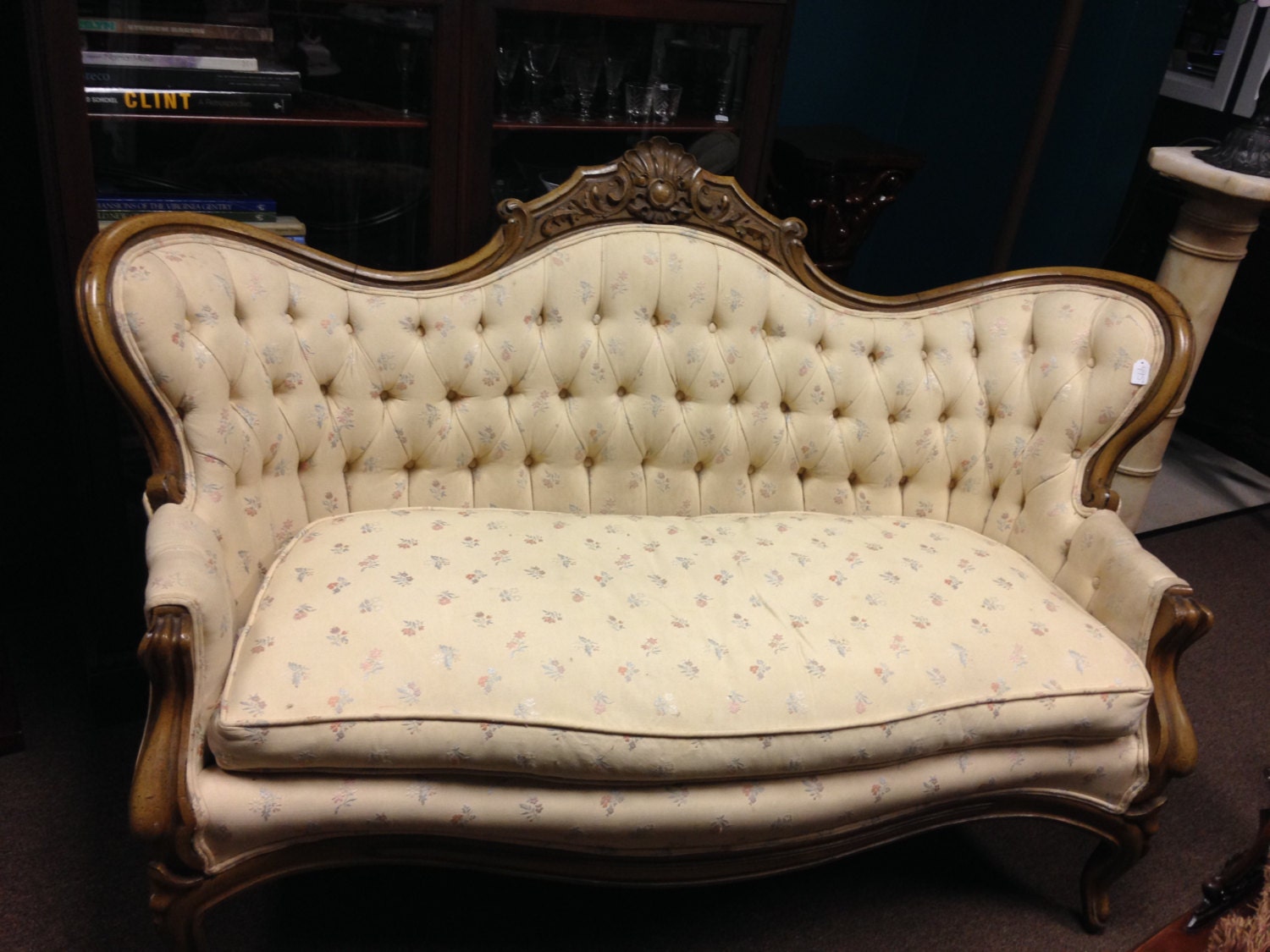 victorian, cream color button tufted, couch love seat upulstered parlor ...
