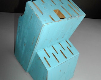 Distressed, Blue, Vintage, Distressed, All Wood, Knife Block, Hand Painted