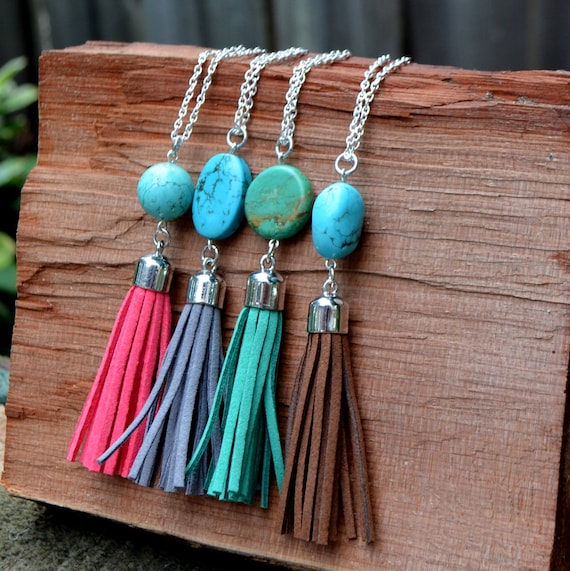 Items similar to Turquoise Bead and Suede Tassel Necklace - Ready to ...