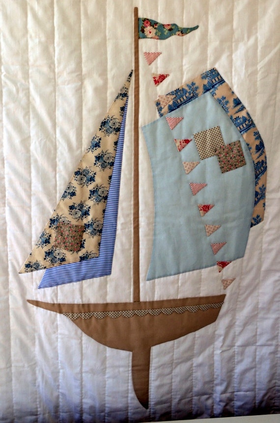 Tilda Boat Applique Quilt. Seaside Collection. Beach Decor.