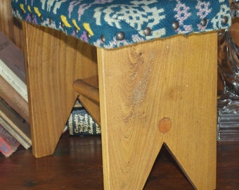 Charming Rustic Hand Made Wood and Upholstered Stool. Circa 1960-70