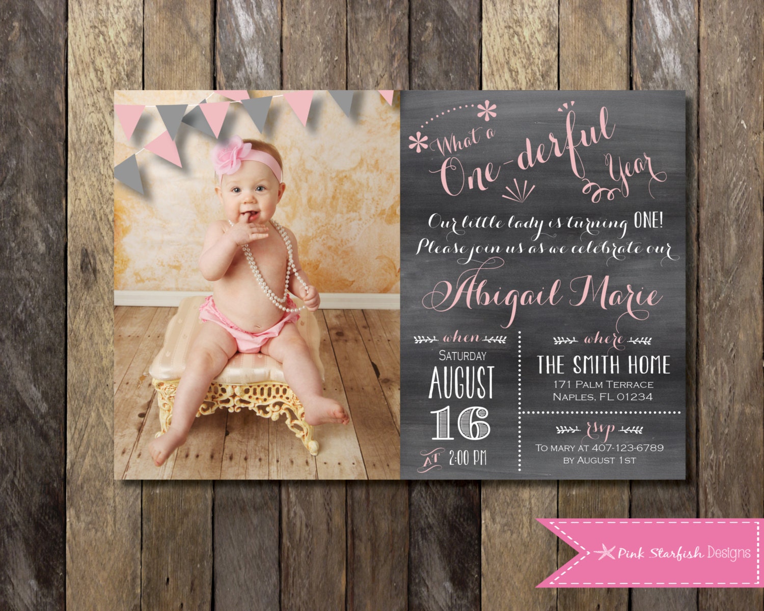 Chalkboard First Birthday Invitation With Picture Chalkboard