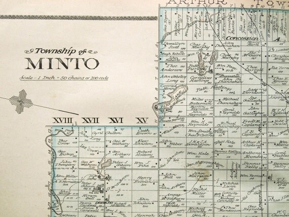 1906 Rare Large Vintage Map of Minto Township Wellington