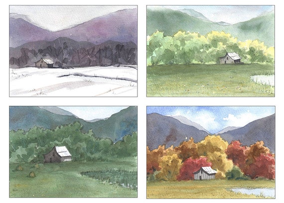 Four Seasons Watercolor Barn Landscape Prints Set of four 5 x