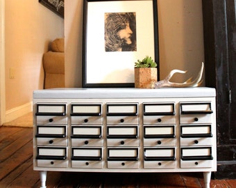 Vintage Library Card Catalog File Coffee Table Light Grey