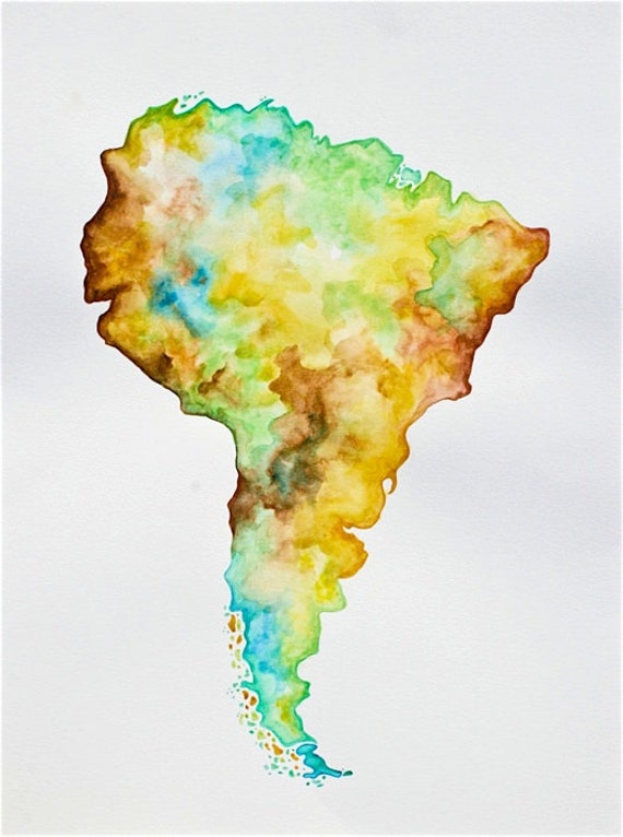 Items similar to Original Watercolor Painting of a Map of South America ...