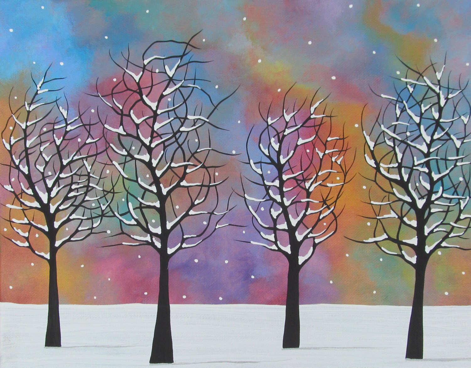 SALE Original Acrylic Painting 4 Trees Snow Snowflakes SALE Original Acrylic Painting 4 Trees Snow Snowflakes