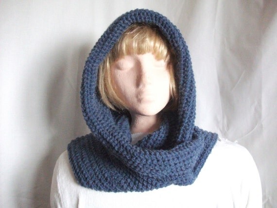 Crocheted Hooded Scarf. All In One Hood & Scarf Combo in Blue.