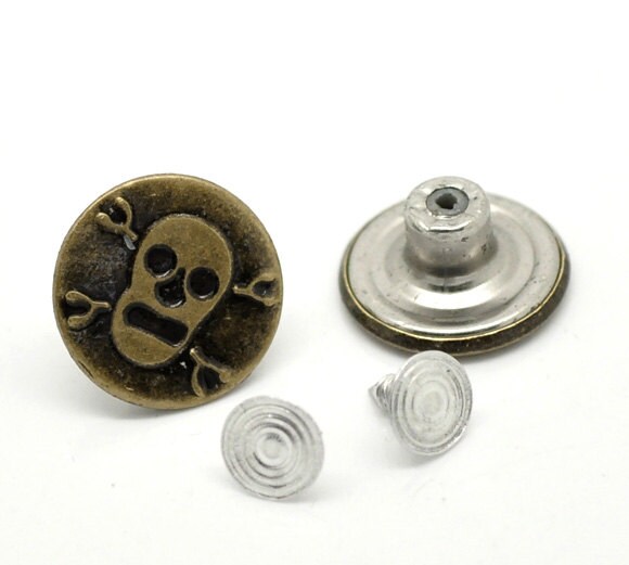 10 Antique Bronze Metal Jean Tacks or Buttons Skull 17mm x