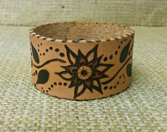 Hand burned leather cuff bracelet pyrography unisex