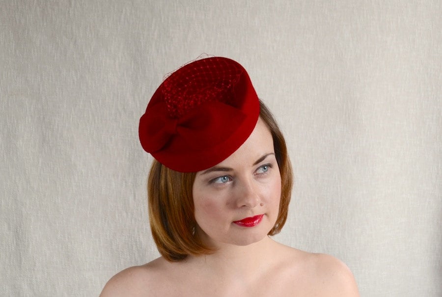 Red Felt Pillbox Hat with Veil Red Fascinator Red Cocktail