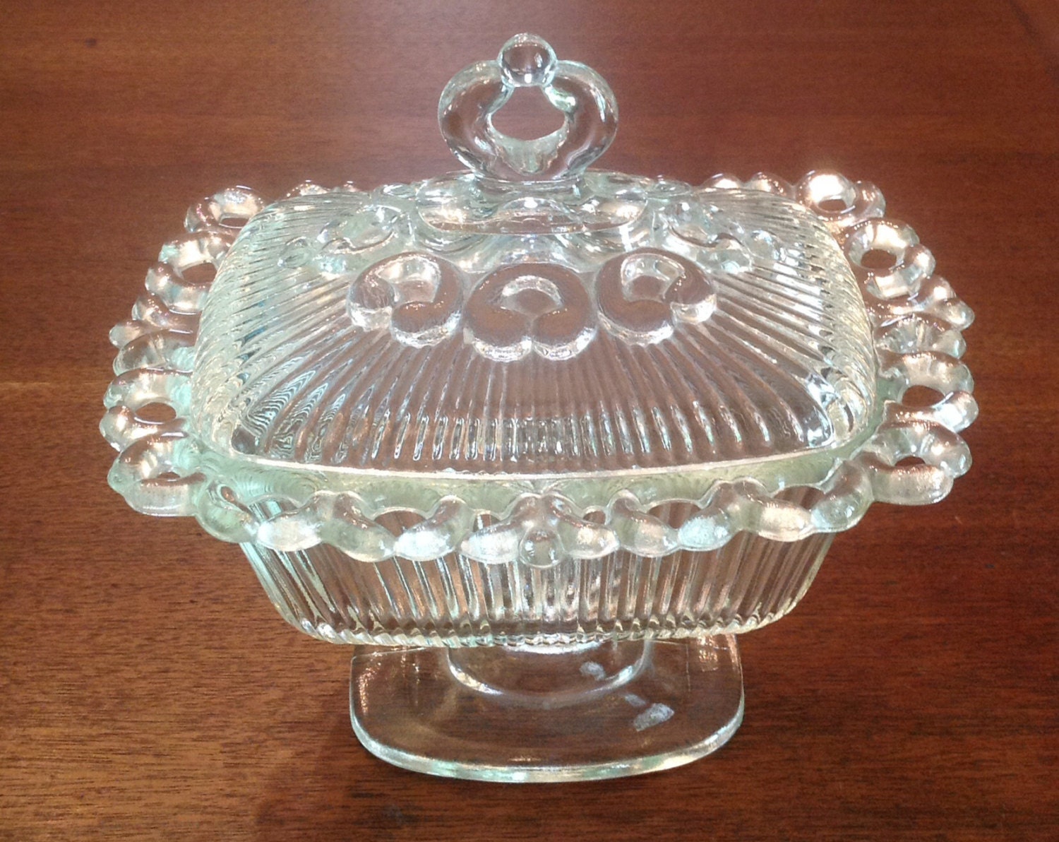 Indiana glass lace edge Art Deco covered pedestal wedding box bowl dish ...
