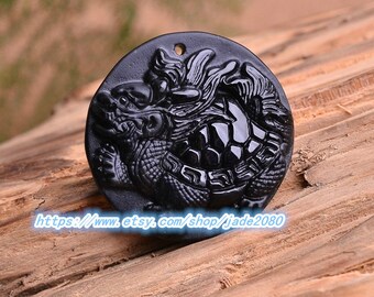 hand carved natural obsidian dragon turtle charm good luck pendants